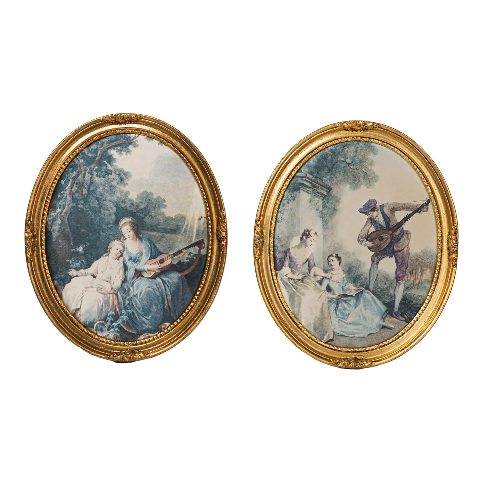 Pair of Vintage Silk Paintings With Gilded Frames – French Rococo Art ...