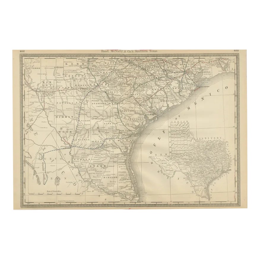 Antique Map of Southern Texas Railroads, Counties and Settlements, 1888 ...