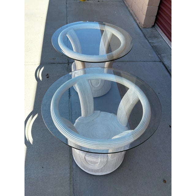 Pair of Post Modern Pencil Reed Glass Top Side Tables | Chairish