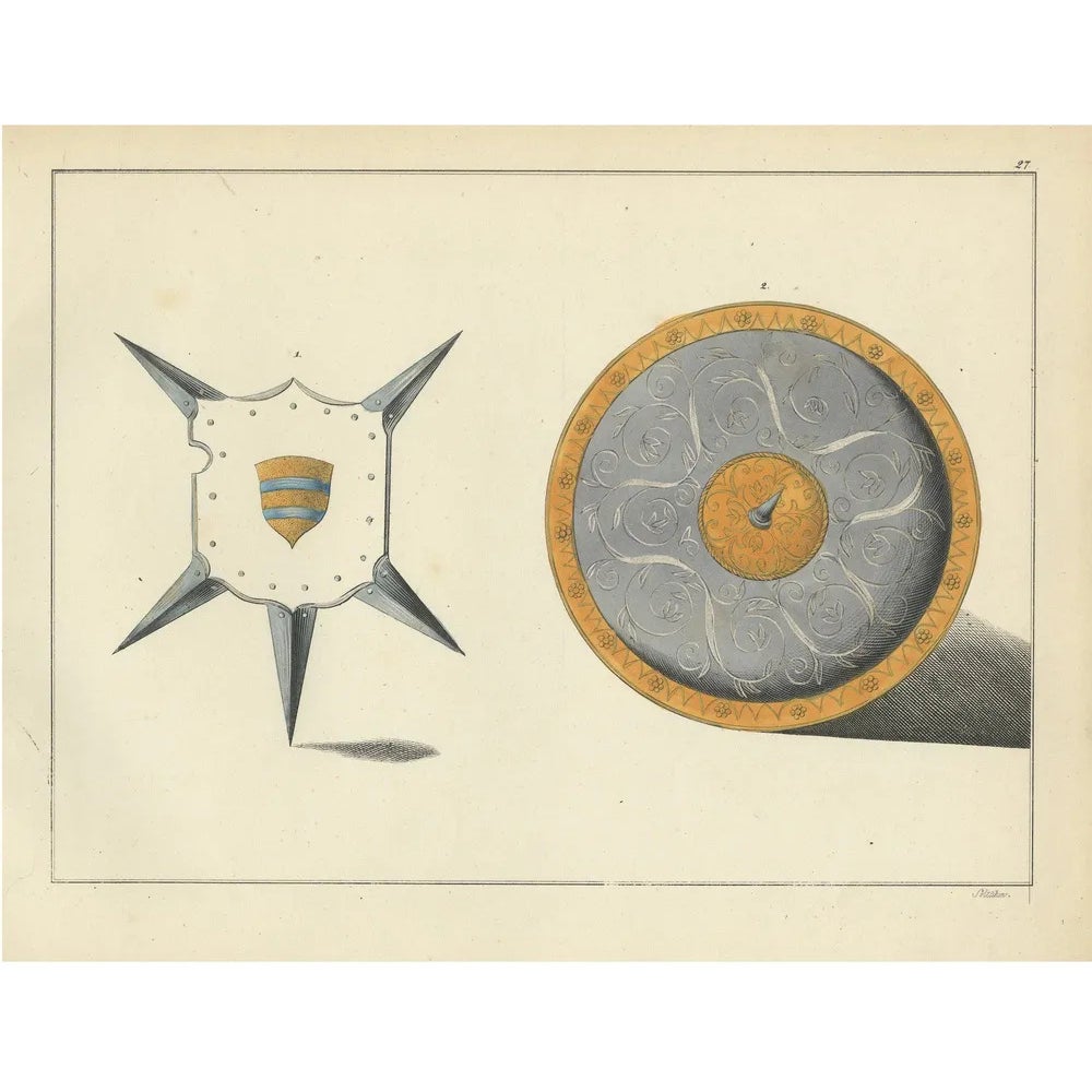 Ornate Spiked and Circular Shields, 1842, Lithograph | Chairish