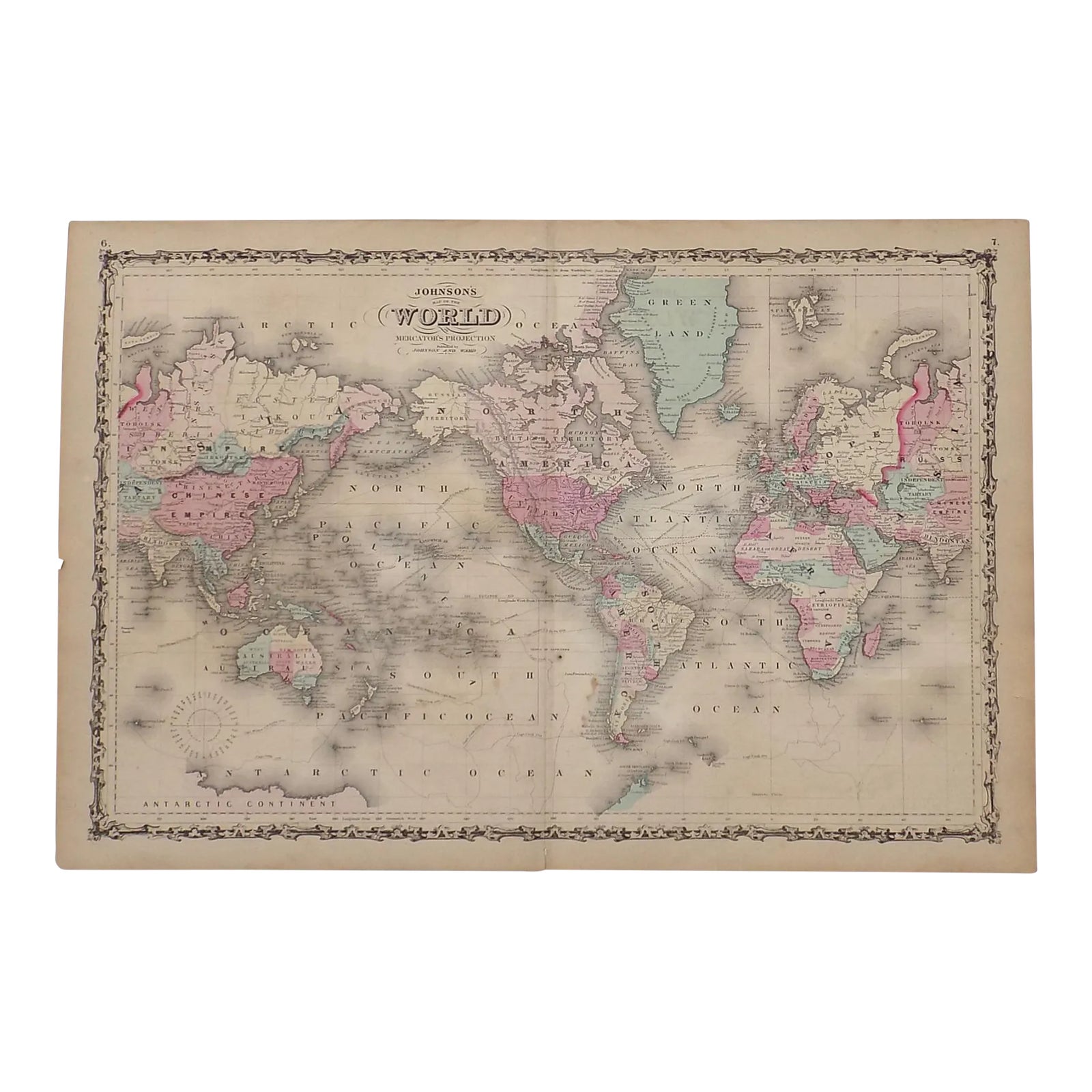 1864 Map of the World on Mercator Projection by Johnson | Chairish