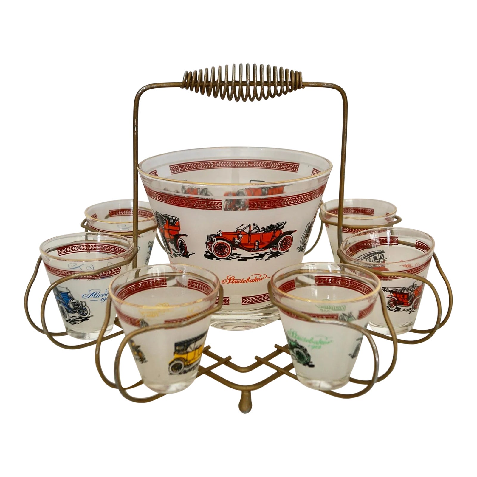 1950's Mid-Century Modern Brass Antique Car Barware Caddy Set- 9 Pieces ...