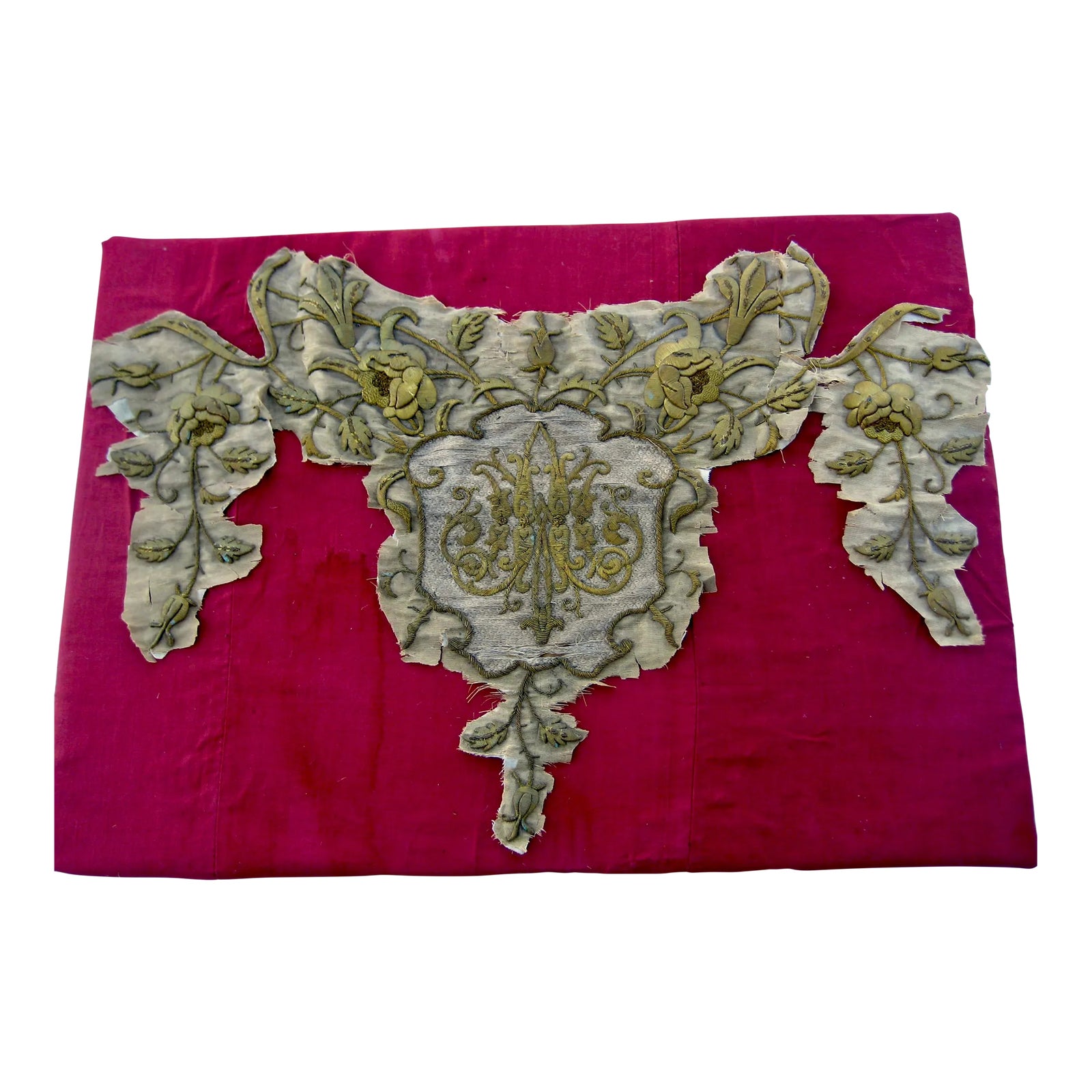 Early 19th Century Gold Embroidery Fragment Monogram MA | Chairish