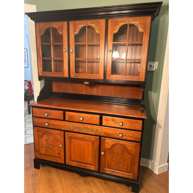 1980s Hitchcock Colonial Maple Decorated Lighted Hutch | Chairish
