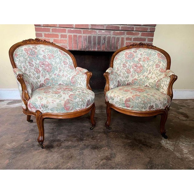 Antique Pair Victorian Rococo Style Walnut Carved Upholstered Armchairs ...