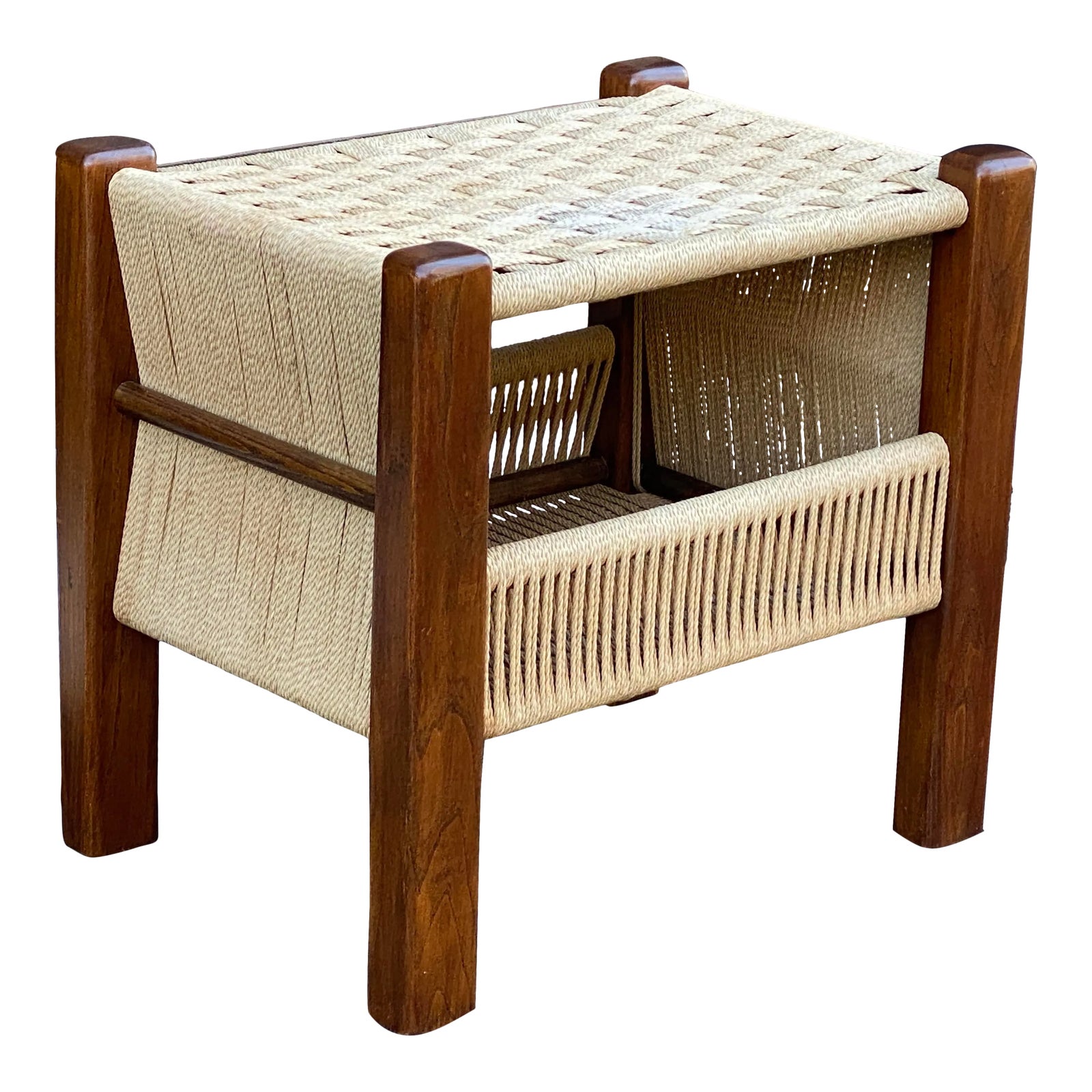 Mid-Century Modern Teak & Danish Cord Side Table | Chairish