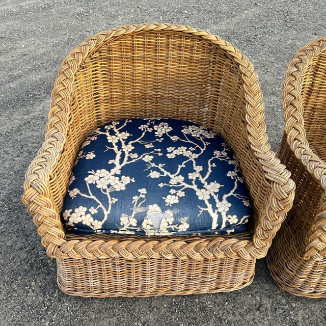 Vintage Wicker Works Style Rattan-Wicker Club Chairs and Side Table, 3 ...