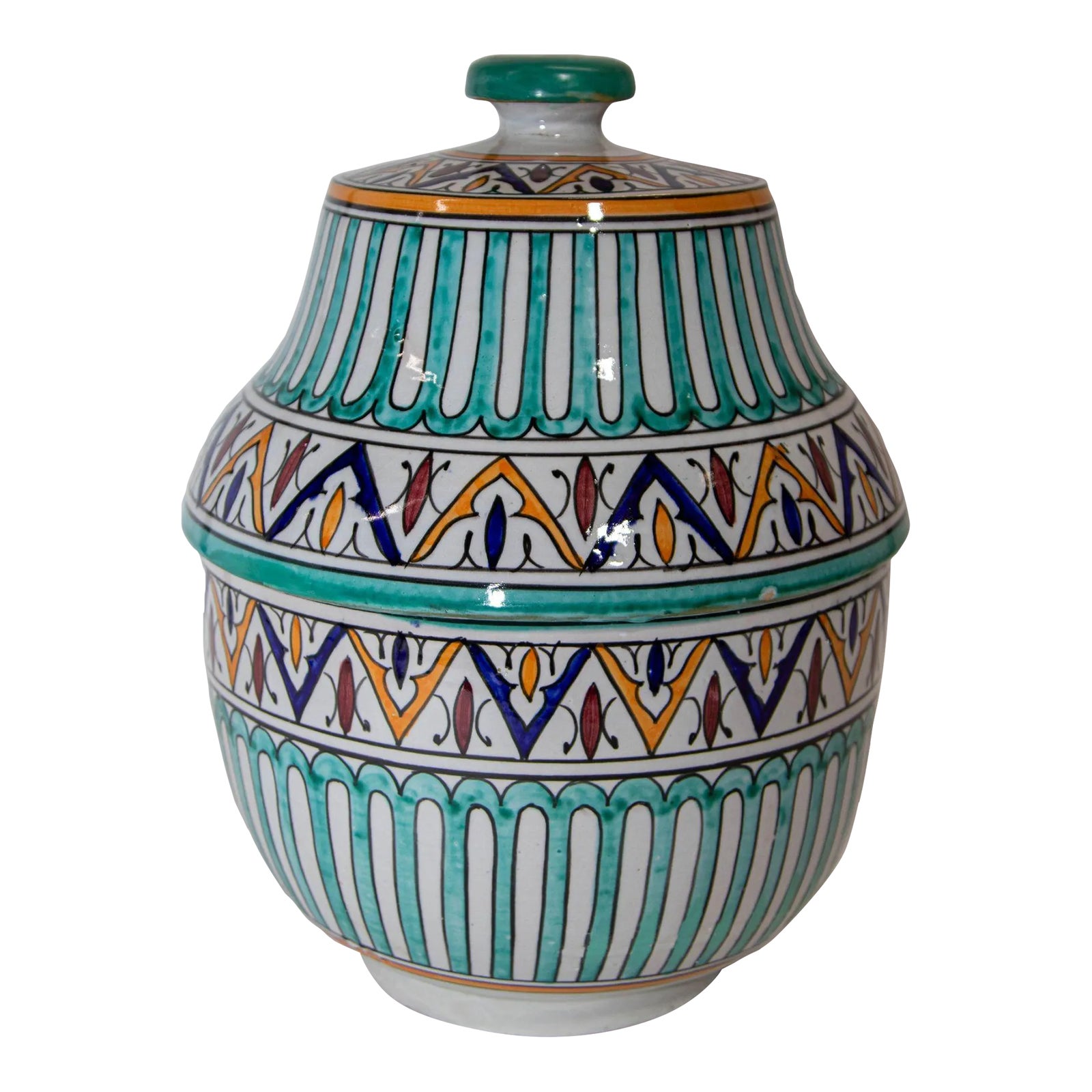 Moroccan Ceramic Covered Jar Handcrafted in Fez Morocco 1950s | Chairish