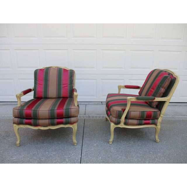 Baker Furniture Striped Louis XV Bergere Arm Chairs | Chairish