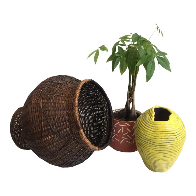 Vintage Natural Woven Bamboo Rattan Wicker Planter Basket | Chairish