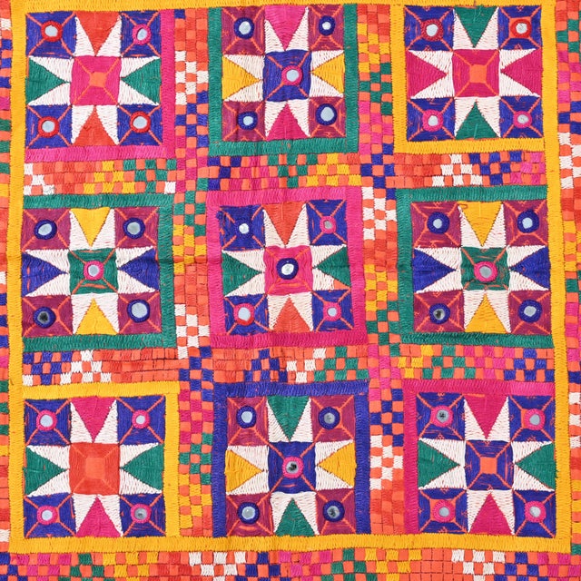 Colorful Vintage Hand Embroidered Gujarati Textile Flower Motif Living ...