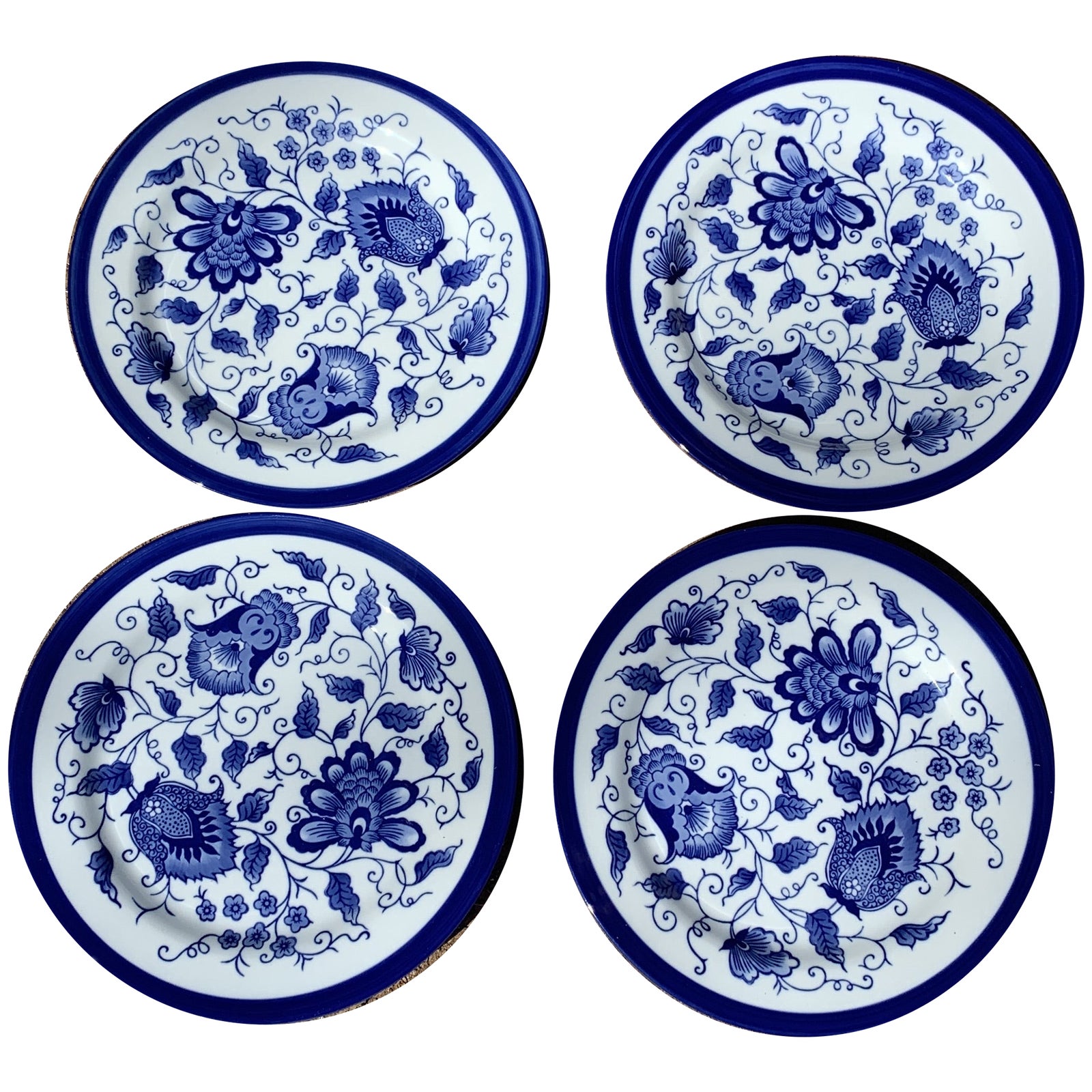 Vintage Bombay Cobalt Blue and White Jacobean Plates- Set of 4 | Chairish