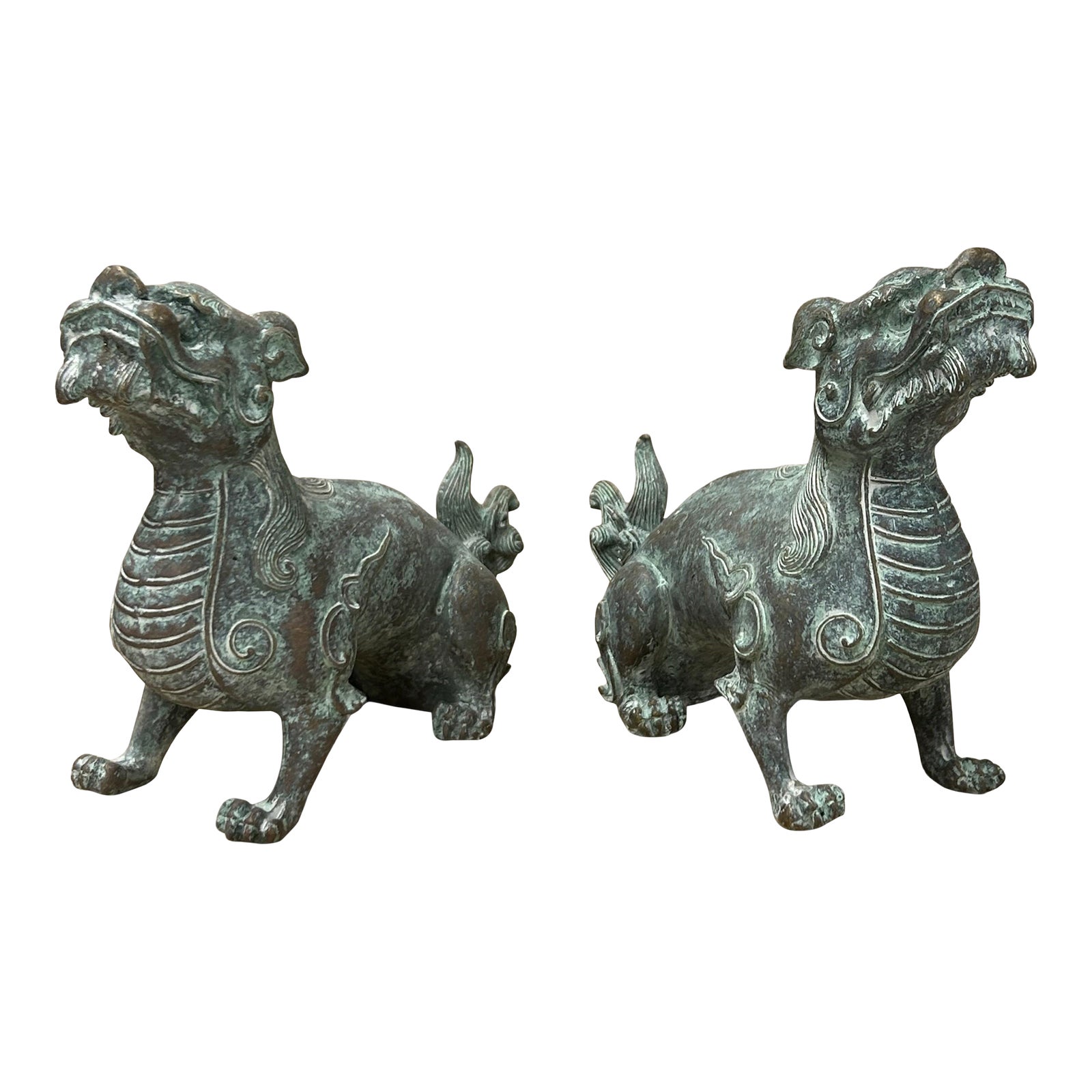 Pair Chinese Rustic Oxidized Patina Fengshui Pixiu Metal Figure | Chairish
