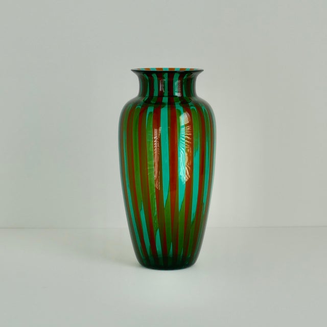 Vintage Late 20th Century Murano Glass Vase Ochre & Turquoise Strip ...