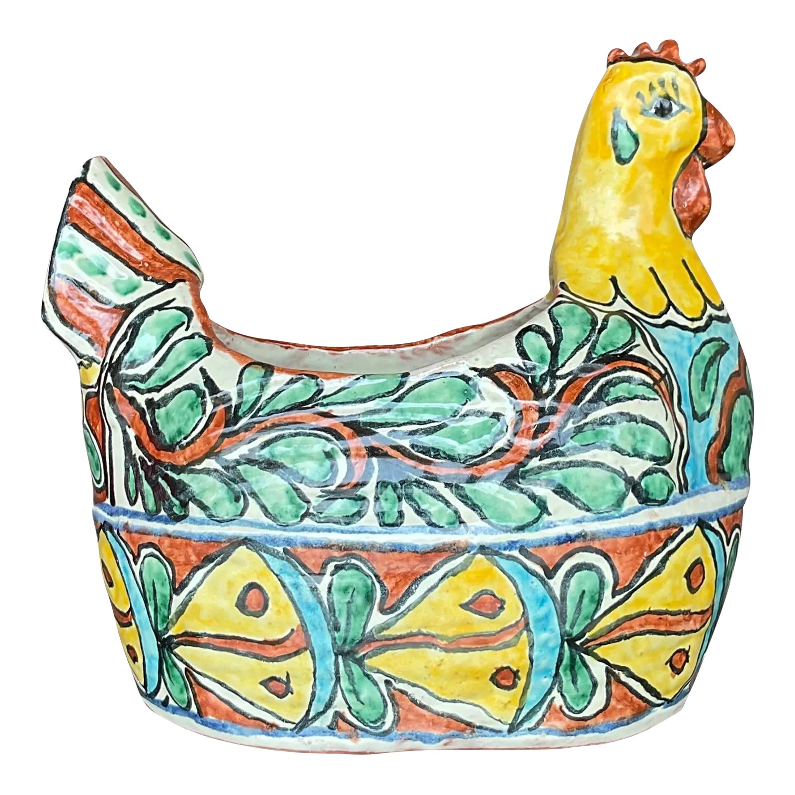 Vintage Boho Mexican Glazed Ceramic Chicken Planter | Chairish