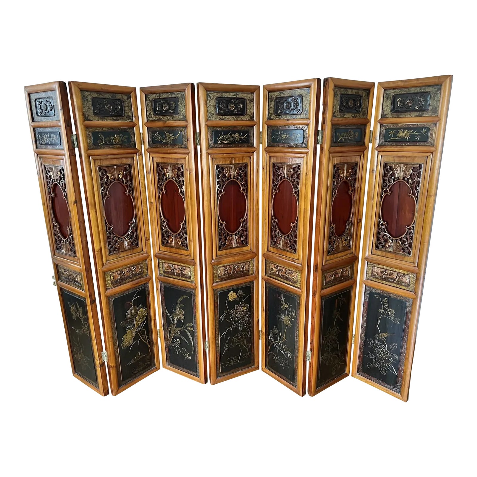 19th Century Antique Carved Chinese Seven-Panel Room Divider Screen ...