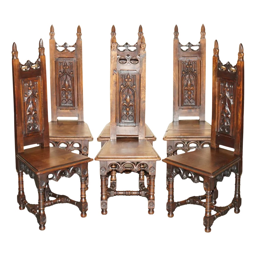 Victorian Gothic Arch Oak Steeple Back Dining Chairs, 1880s, Set of 6 ...