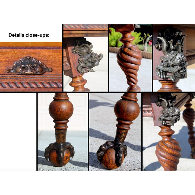 Antique Renaissance Revival Carved Oak Writing Table / Desk With Bronze ...