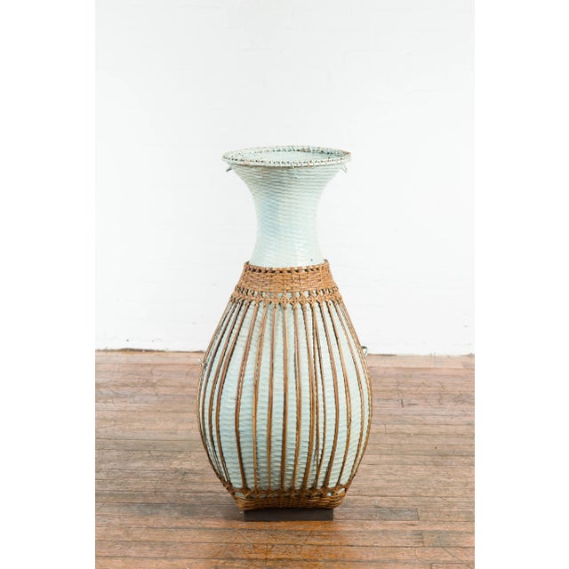 Large Vintage Chinese Woven Rattan Basket of Teal and Natural Color on ...