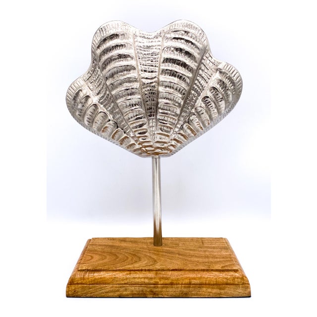 Contemporary Cast Aluminum Clam Sea Shell on Wood Stand | Chairish