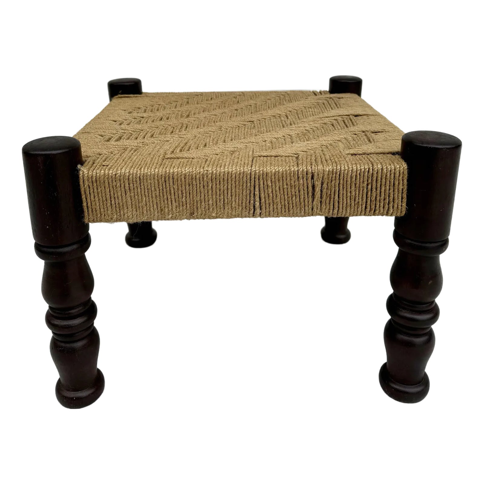 1960's Wood and Woven Jute Rope Footstool Stool | Chairish