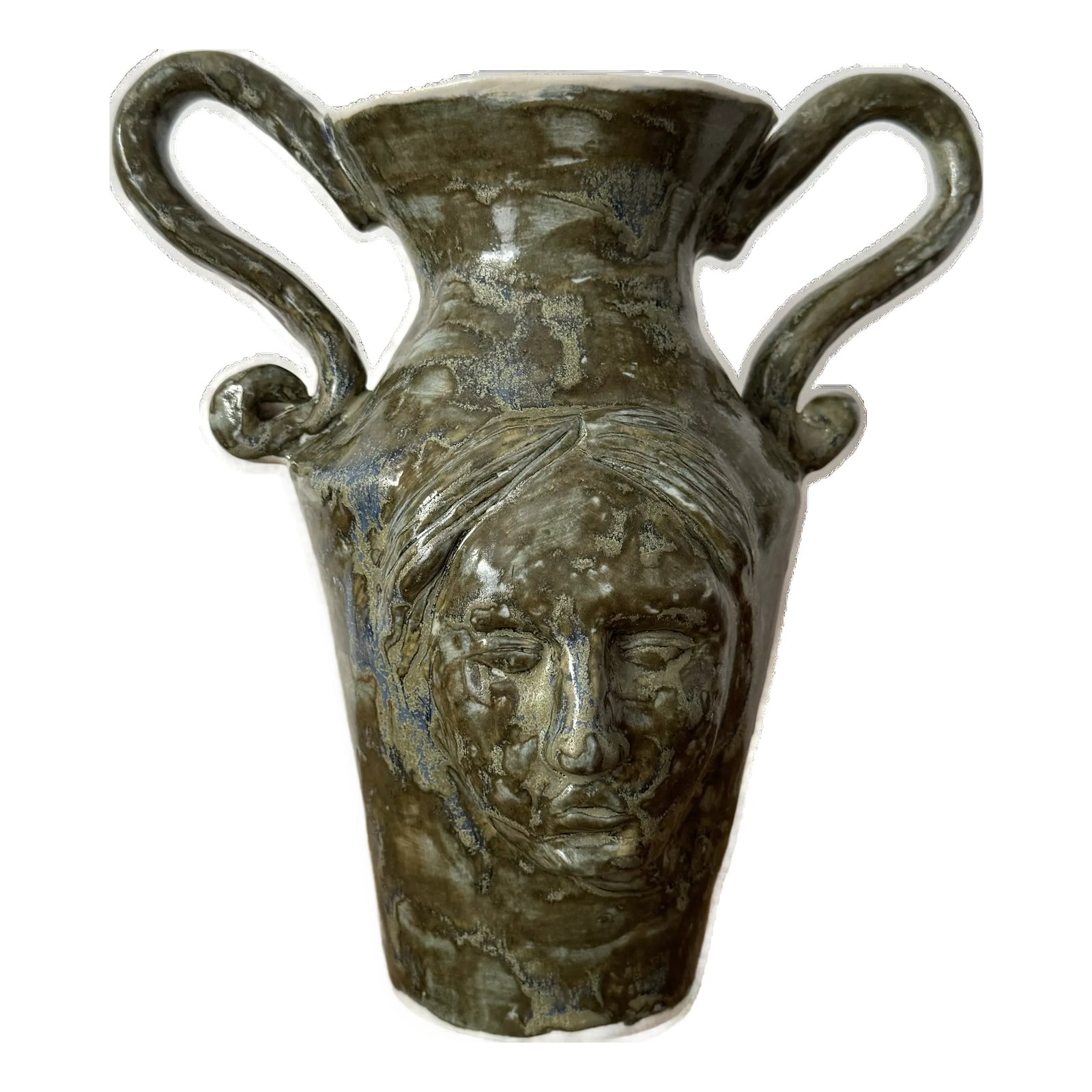 Handmade Ceramic Face Vase, Green Glazed Pottery Amphora With Handles ...