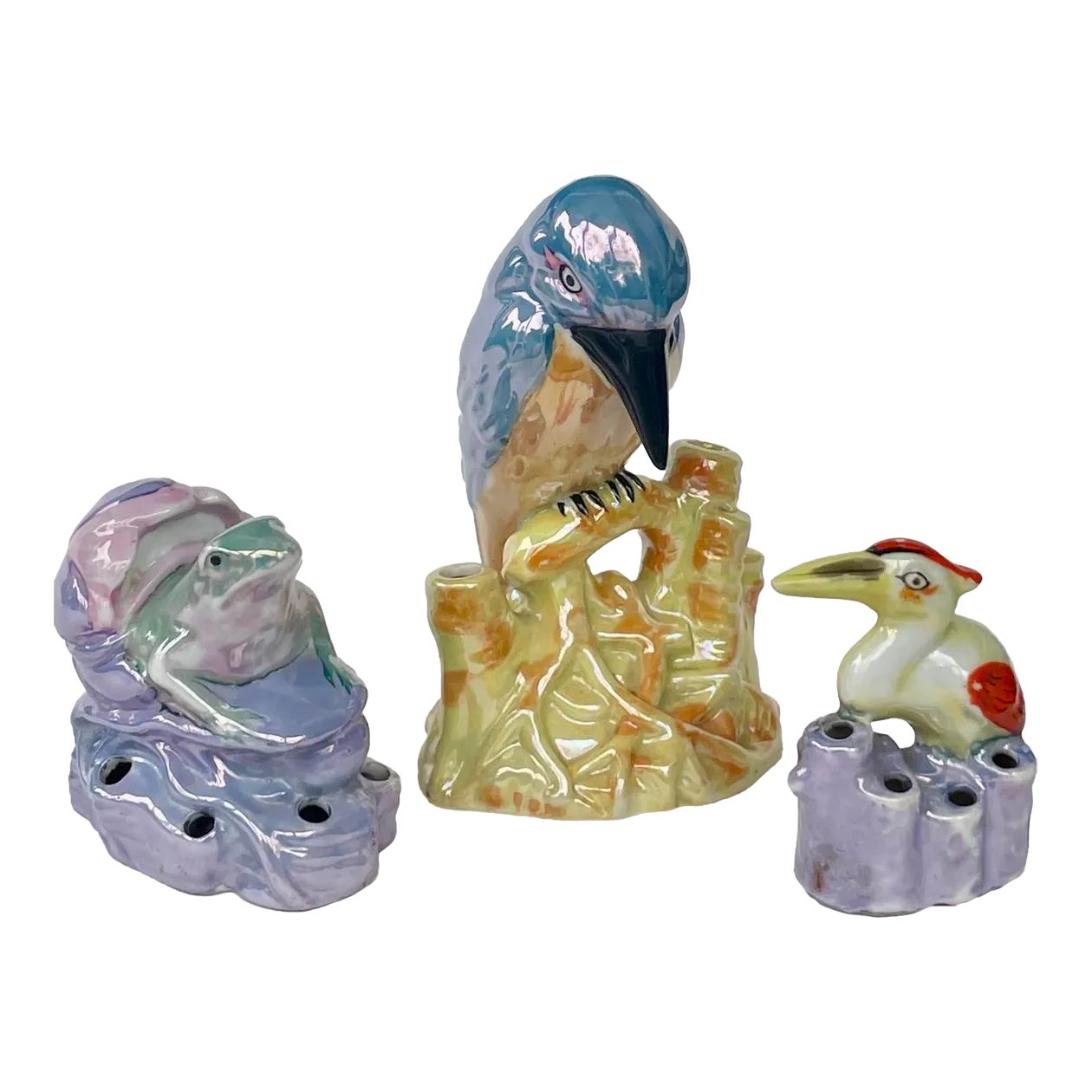 Ceramic Flower Frogs With Tropical Birds, Set of 3 | Chairish
