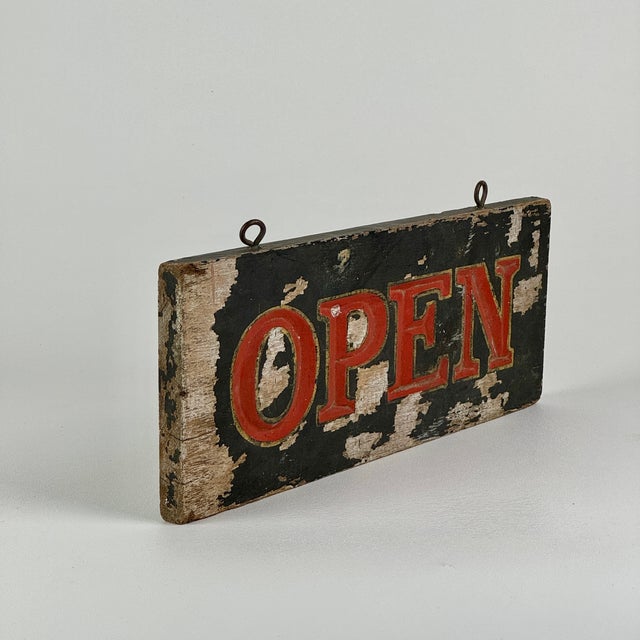 Vintage Front & Back "Open" Wood Sign in Red Font | Chairish