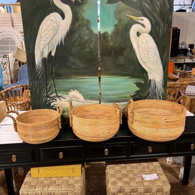 Set of 3 Pencil Reed Rattan and Rope Bowls | Chairish