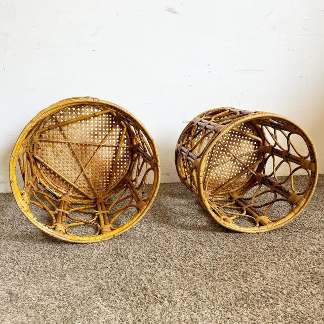 Boho Chic Tortoise Shell Finish Bamboo Cane Top Nesting Drum Tables - a ...
