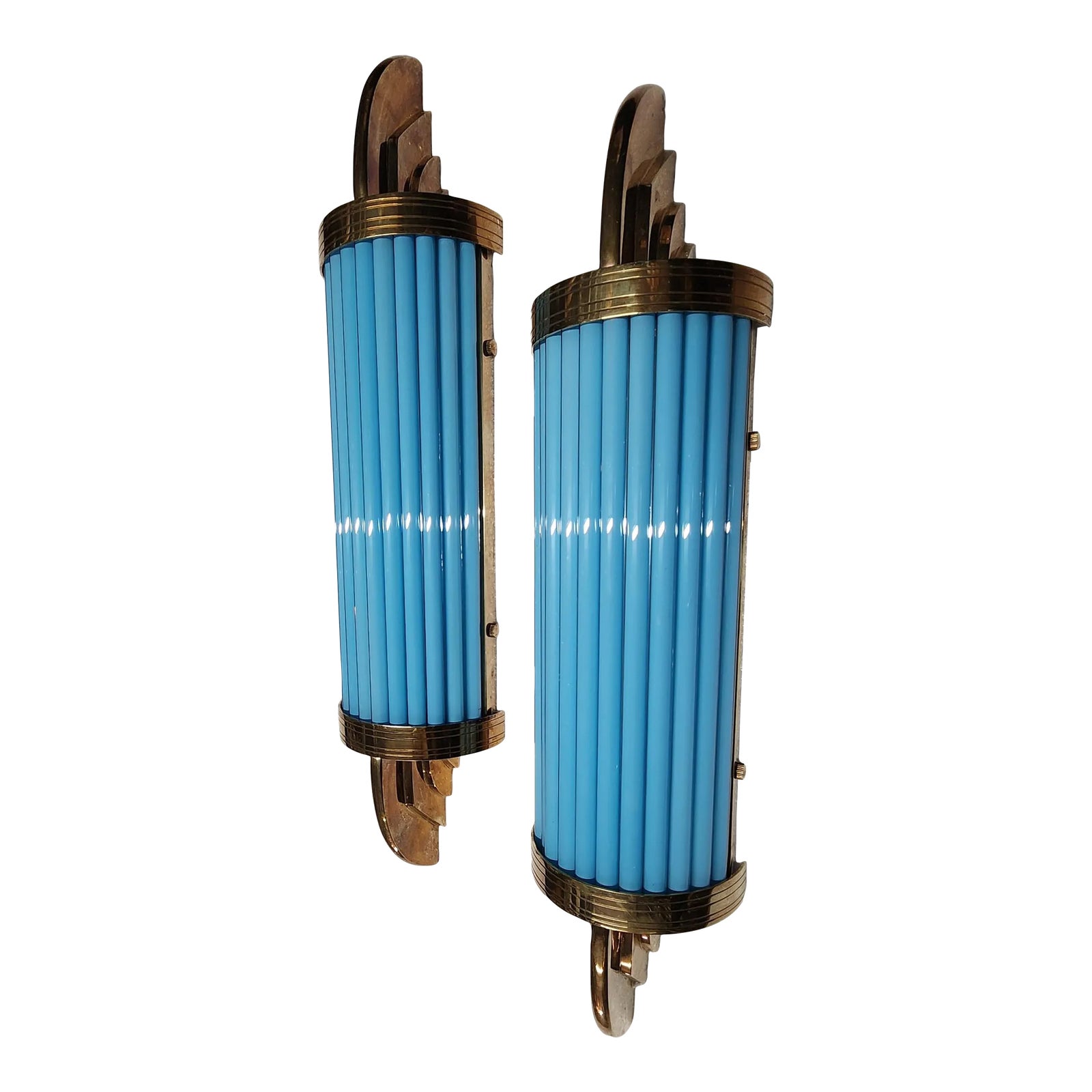Pair Vintage Art Deco Skyscraper Wall Sconces Fixture Brass & Blue ...