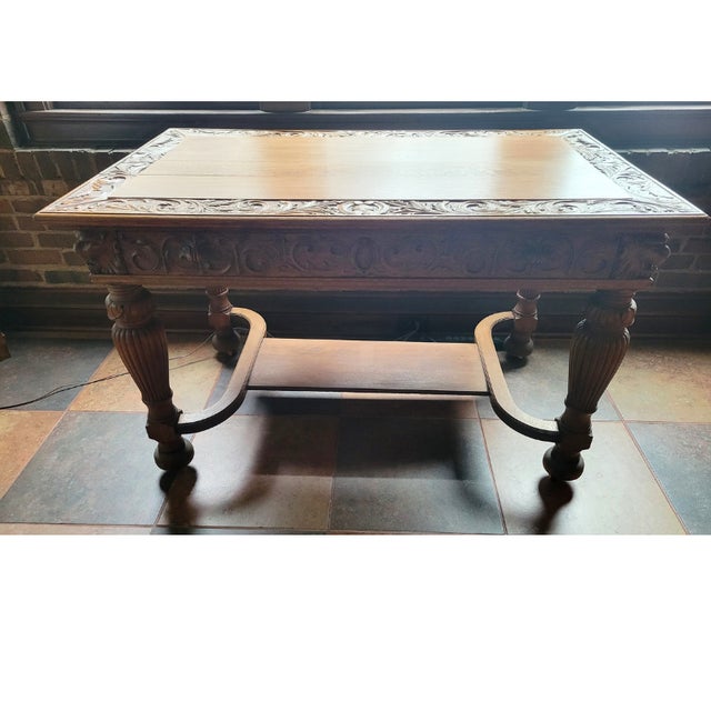 Antique Carved Oak Desk/Library Table | Chairish