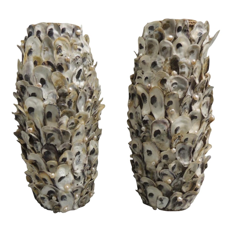 Vintage Tall Round Encrusted Oyster Shells Vases With Faux Pearls ...