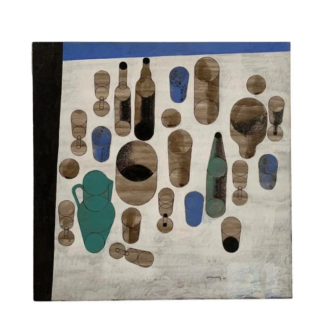1968 Spencer Moseley Modern Still Life Mixed-Media Painting of Bottles ...
