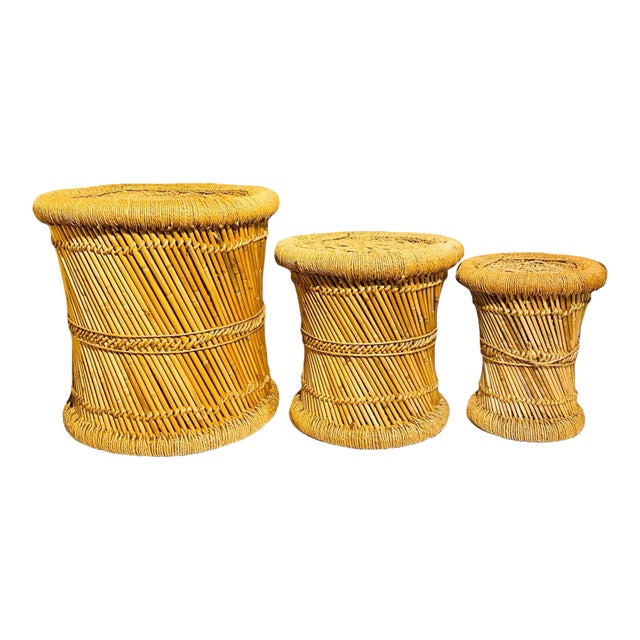 1970s Mid-Century Modern Spiral Cane & Woven Sisal Nesting Stools, Set ...