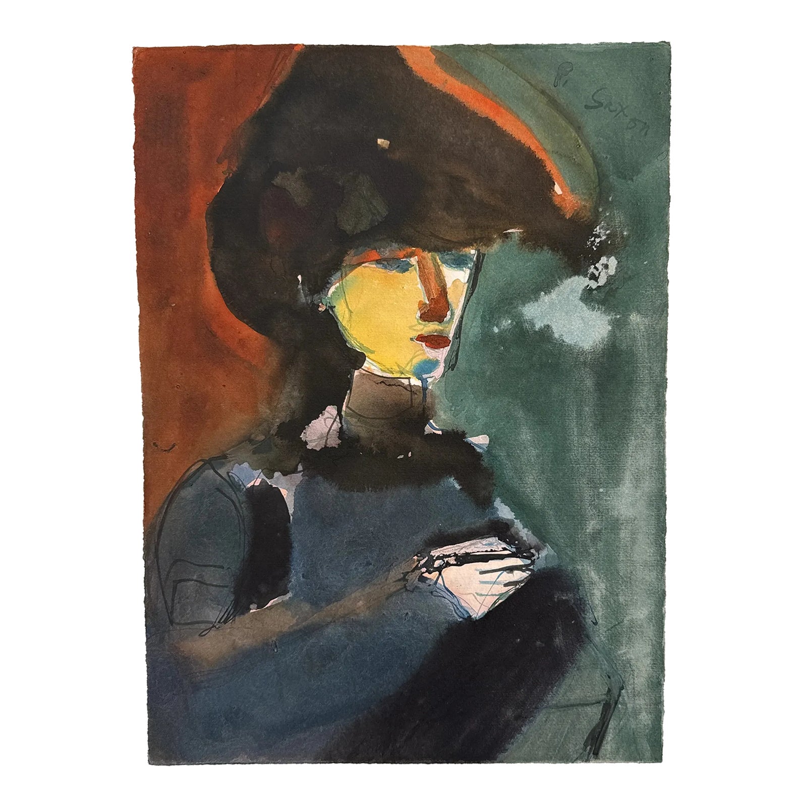 Phil Saxon, Figurative Art with Man in Hat, Original Painting on Paper ...