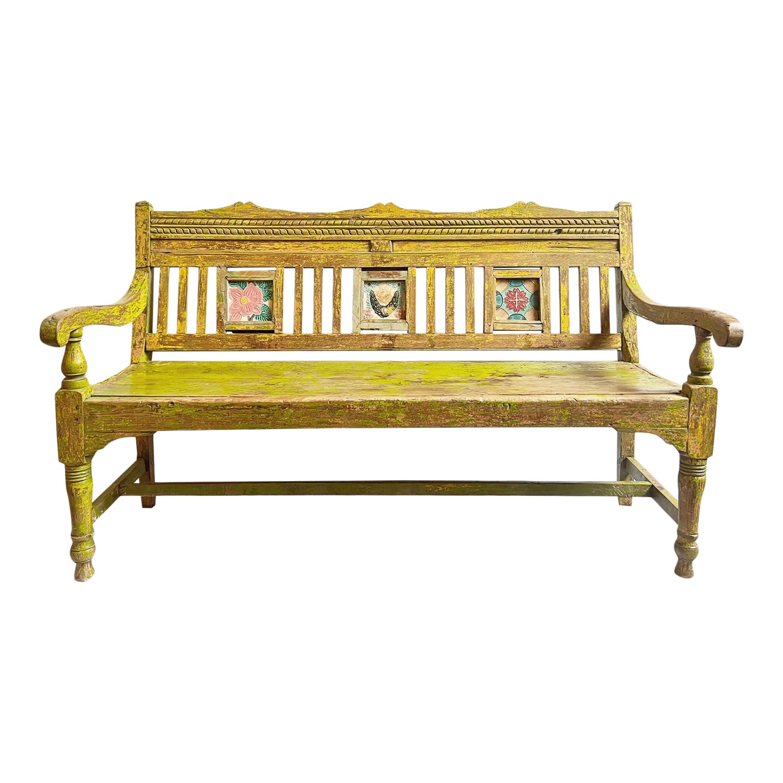 Chartreuse Vintage Colonial Bench | Chairish