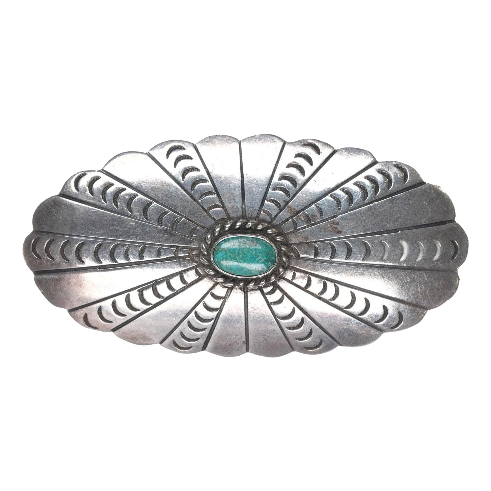 40's-50's Navajo stamped silver concho pin with turquoise | Chairish