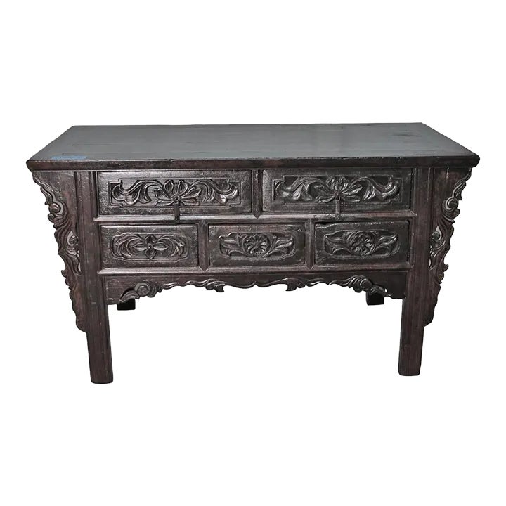 19th Century Hand Carved Drawers Antique Chinese Center Table | Chairish