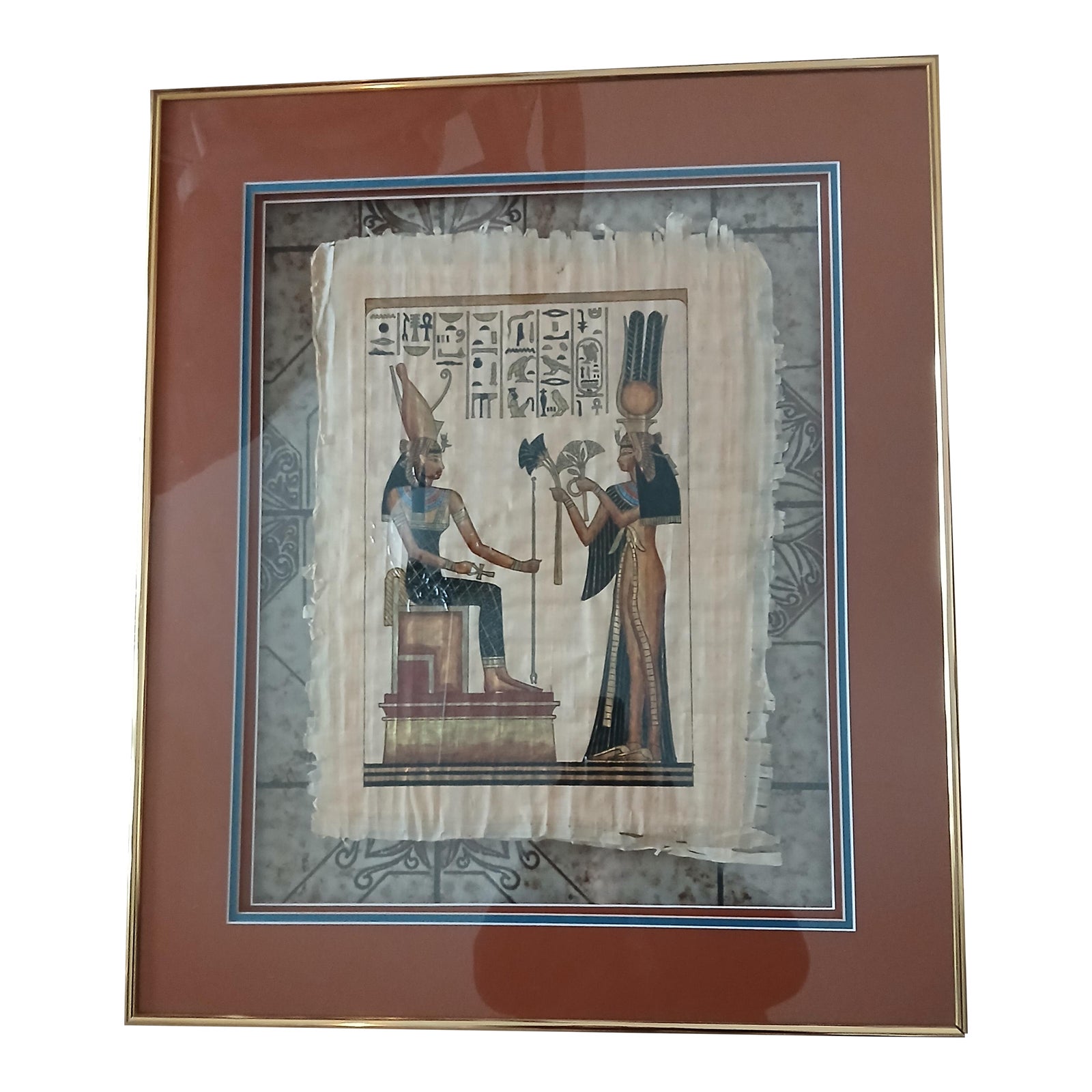 1980s Egyptian Vintage Large Papyrus Painting of Queens in Frame | Chairish