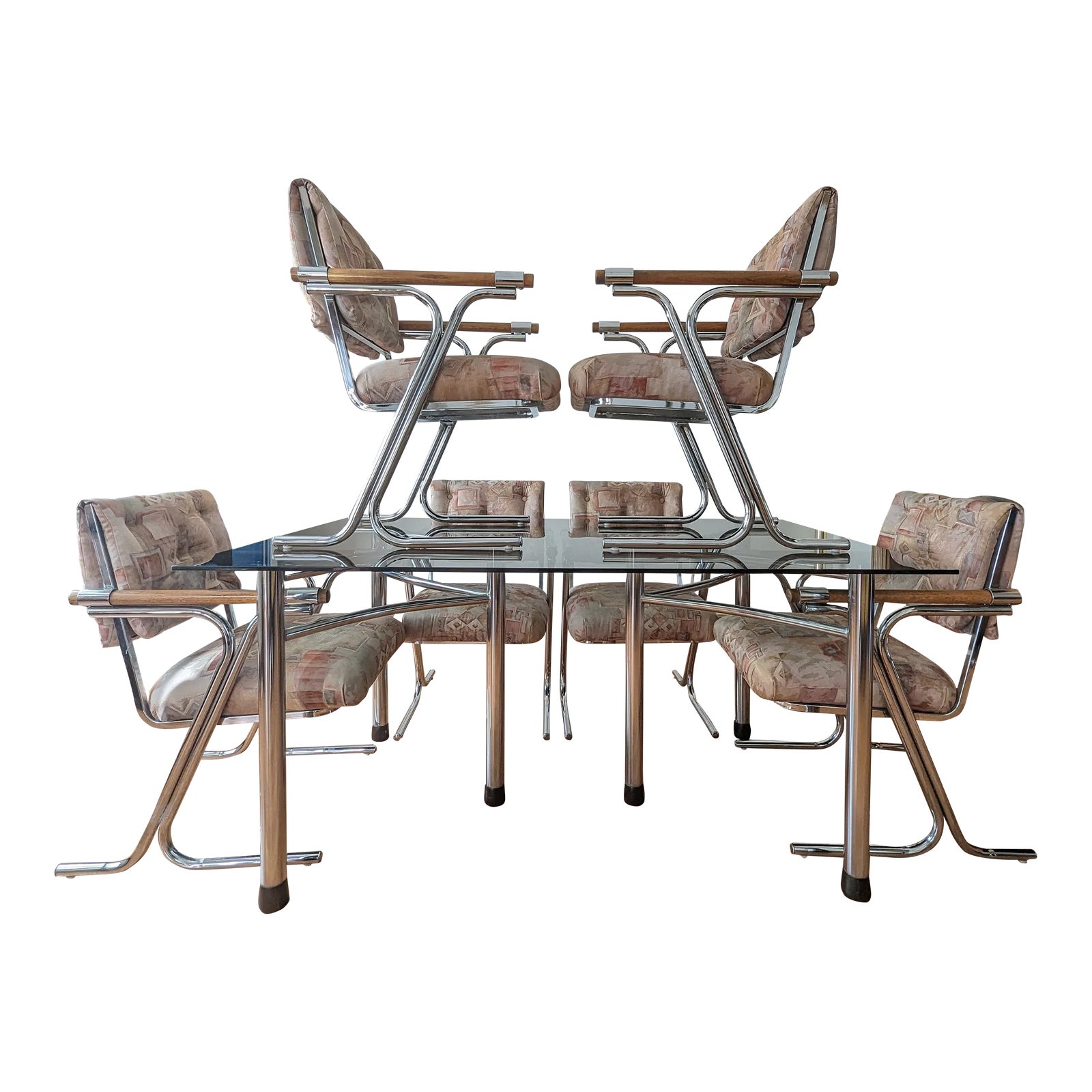 1970s Mid Century Modern Jerry Johnson Style Chrome & Oak 6 Chair ...