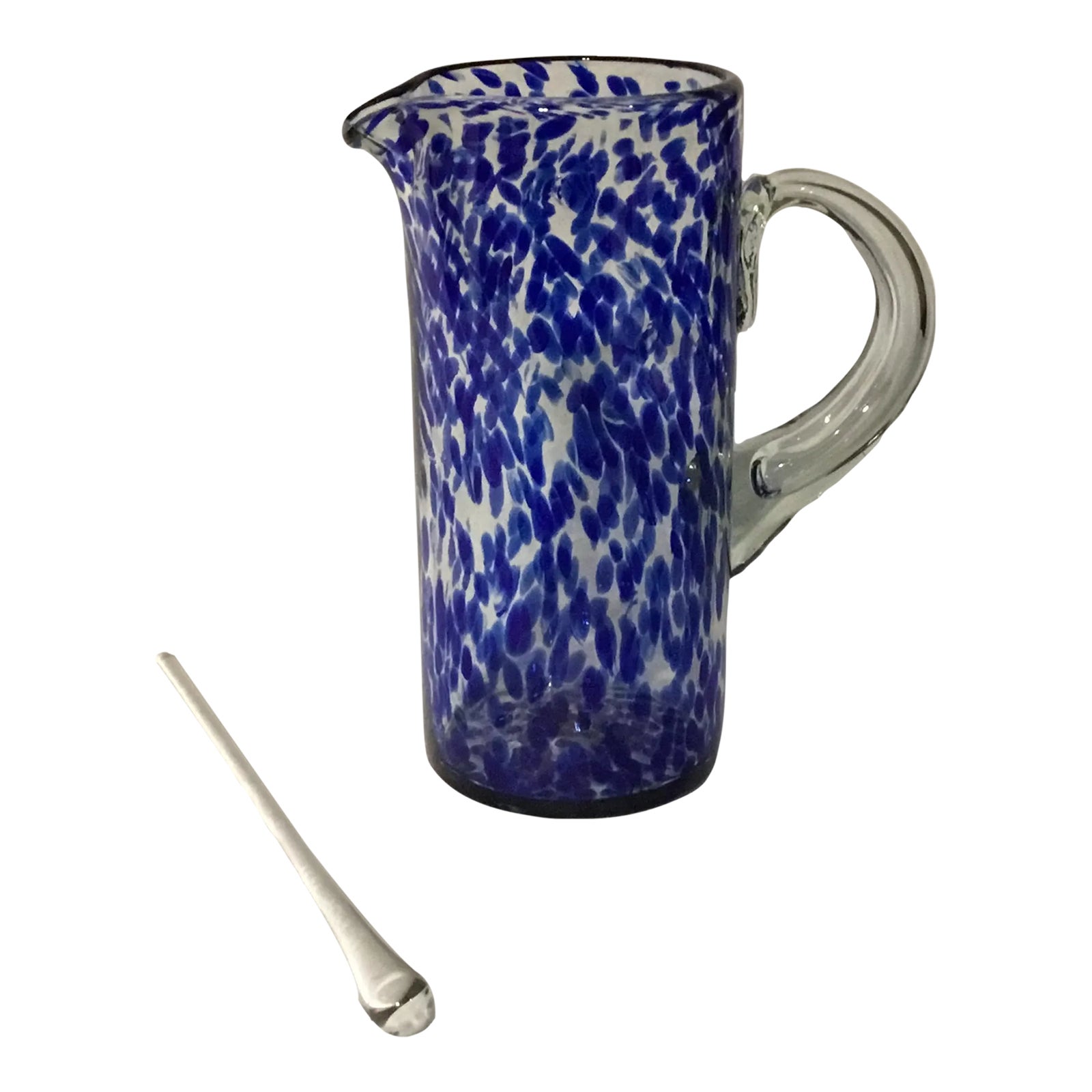 2000s Blue and White Glass Cocktail Mixer Pitcher With Glass Stirrer ...