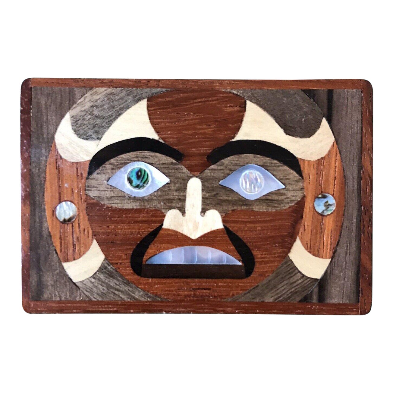 Late 20th Century Inlaid Wood & Abalone Marquetry Face Trinket Box ...