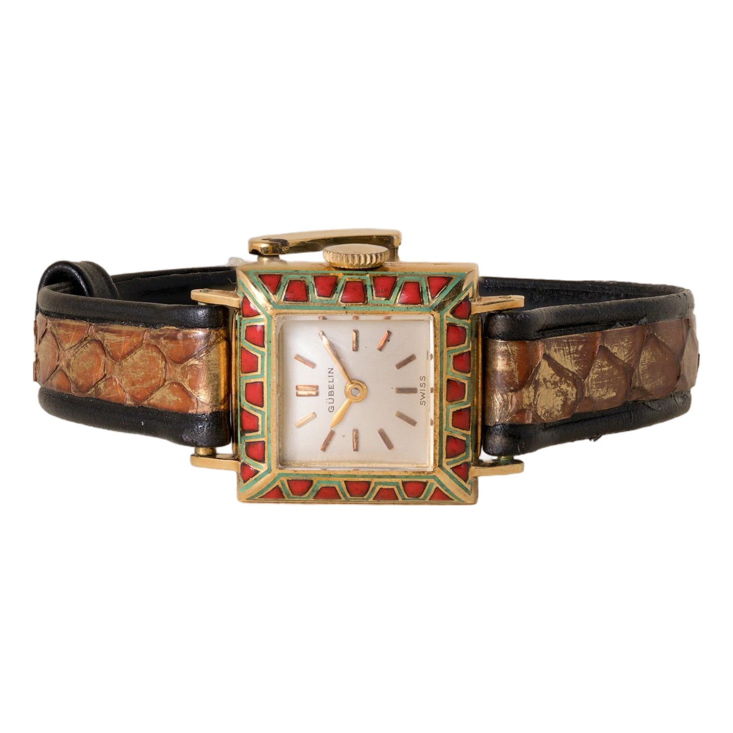 Vintage 1950's Gübelin 18k Yellow Gold & Enamel Watch With Silver Satin ...