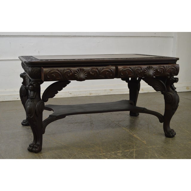 Horner Antique Carved Standing Winged Griffin Library Table Desk | Chairish