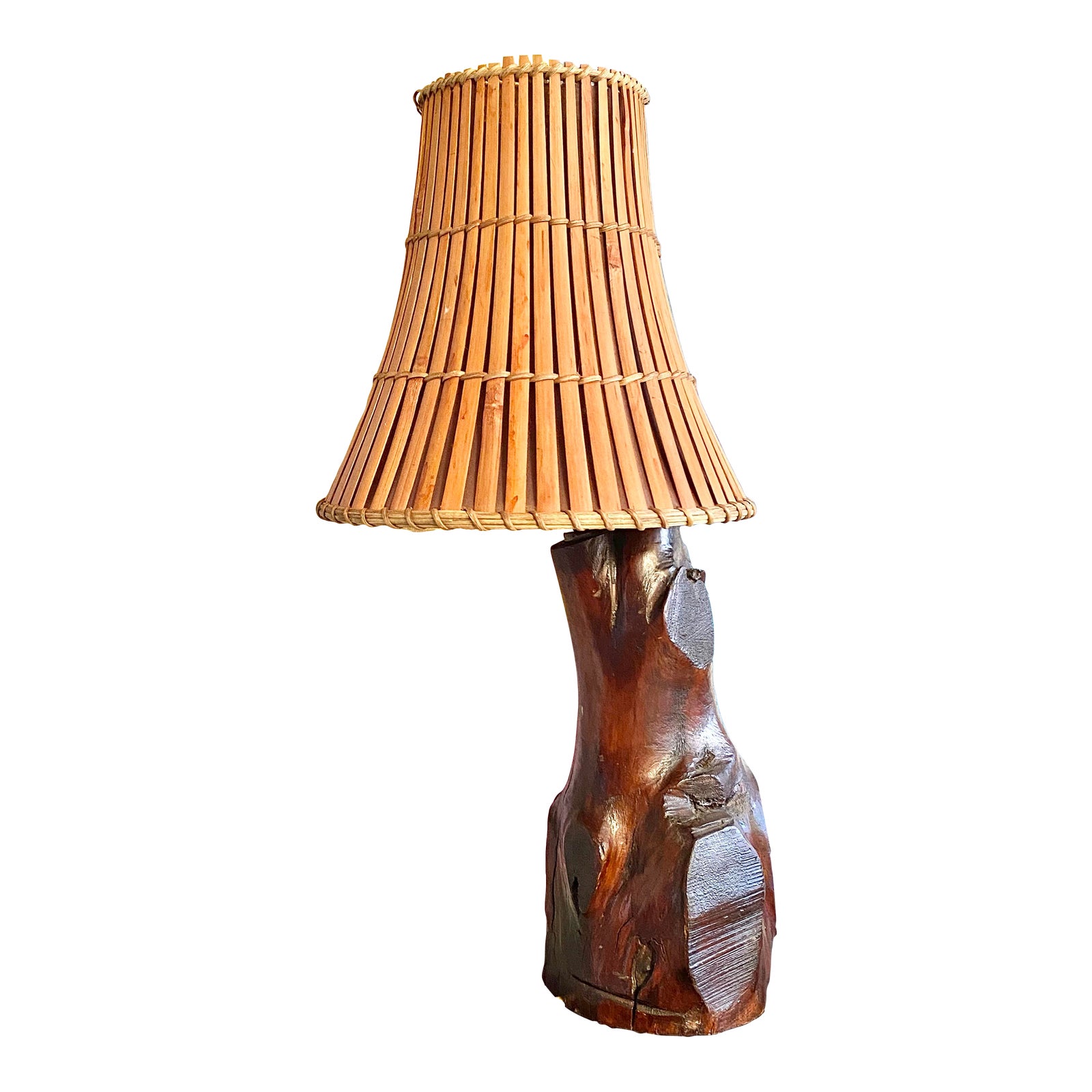 Organic Modern Sculptural Carved Wood Lamp + Split Reed Shade | Chairish