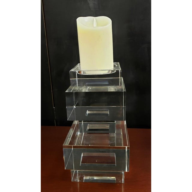 Modern Cubist Solid Crystal Glass Candle Holder With Candle | Chairish