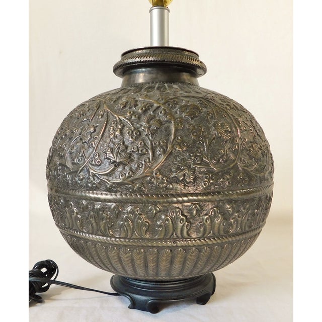 Ornate Vintage Chinese Round Brass Floral Embossed Table Lamp Wood Base ...