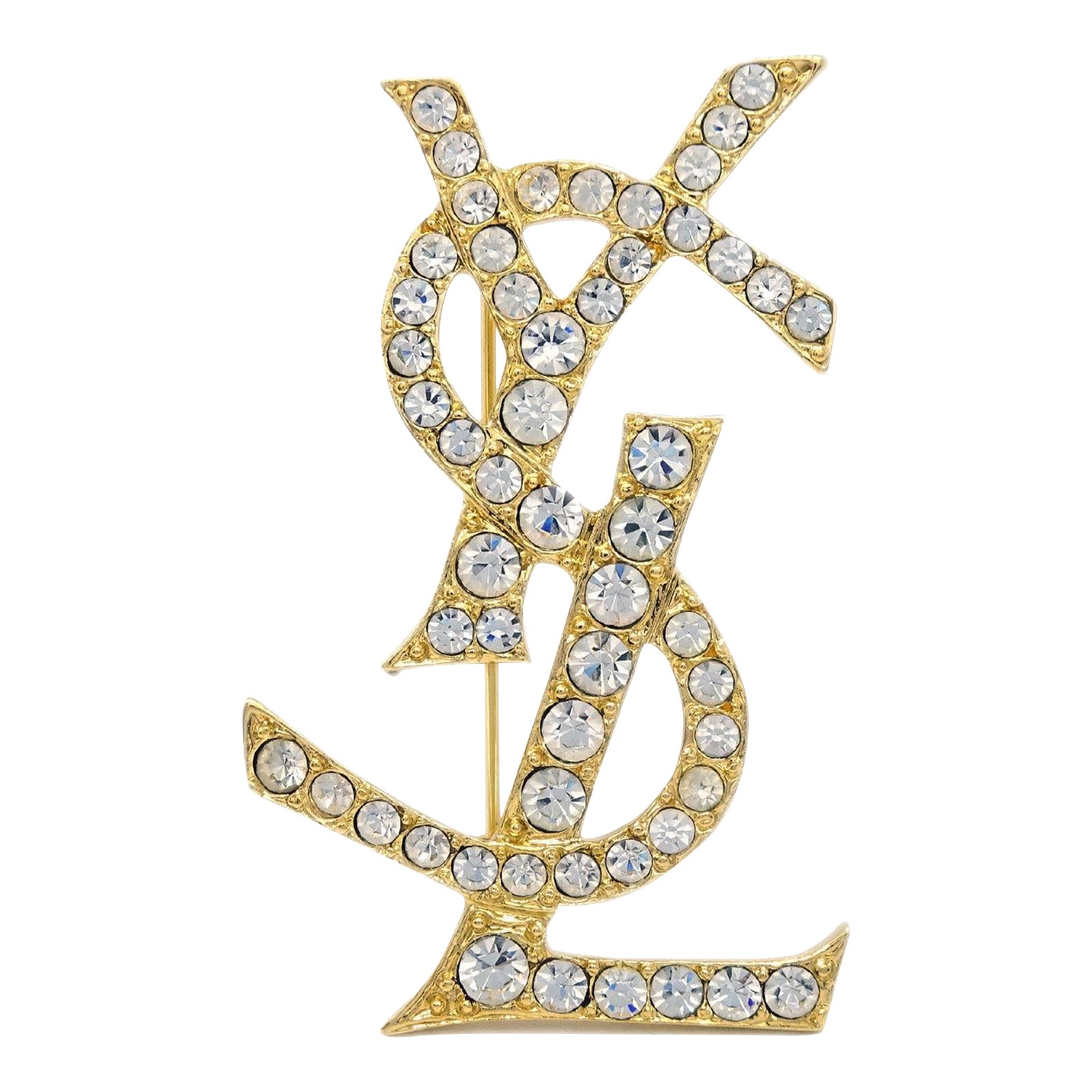 Yves Saint Laurent Brooch Pin Rhinestone Gold Kk33474 | Chairish