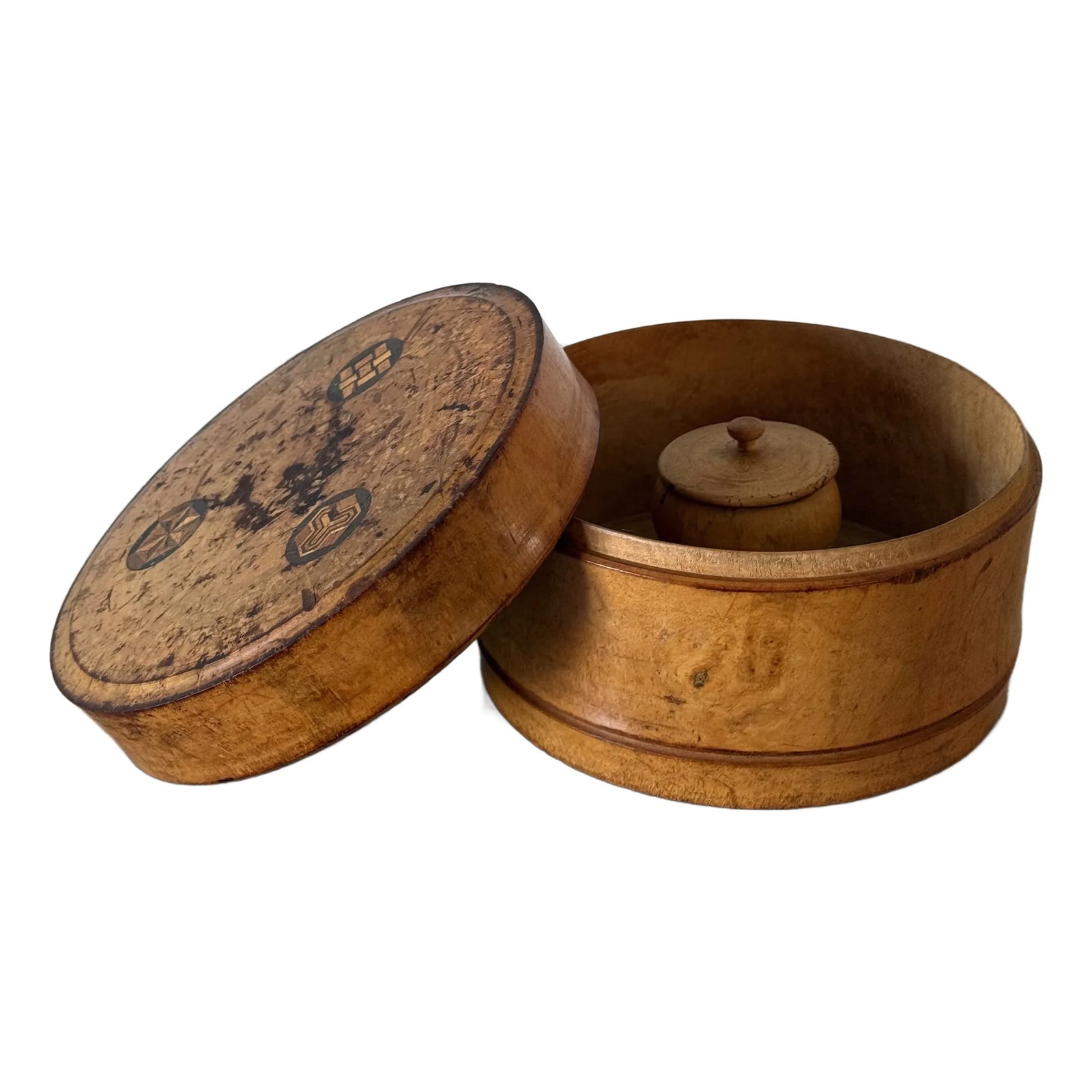 19th Century Round Inlaid Wood Sailor Box With Lidded Spice Compartment ...